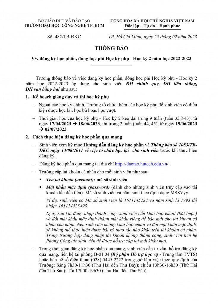 TB VỀ VIỆC ĐĂNG KÝ HỌC PHẦN ĐÓNG HỌC PHÍ HỌC KỲ PHỤ - HK2 - NH 2022-2023 - VIỆN VĂN HOÁ - NGHỆ ...